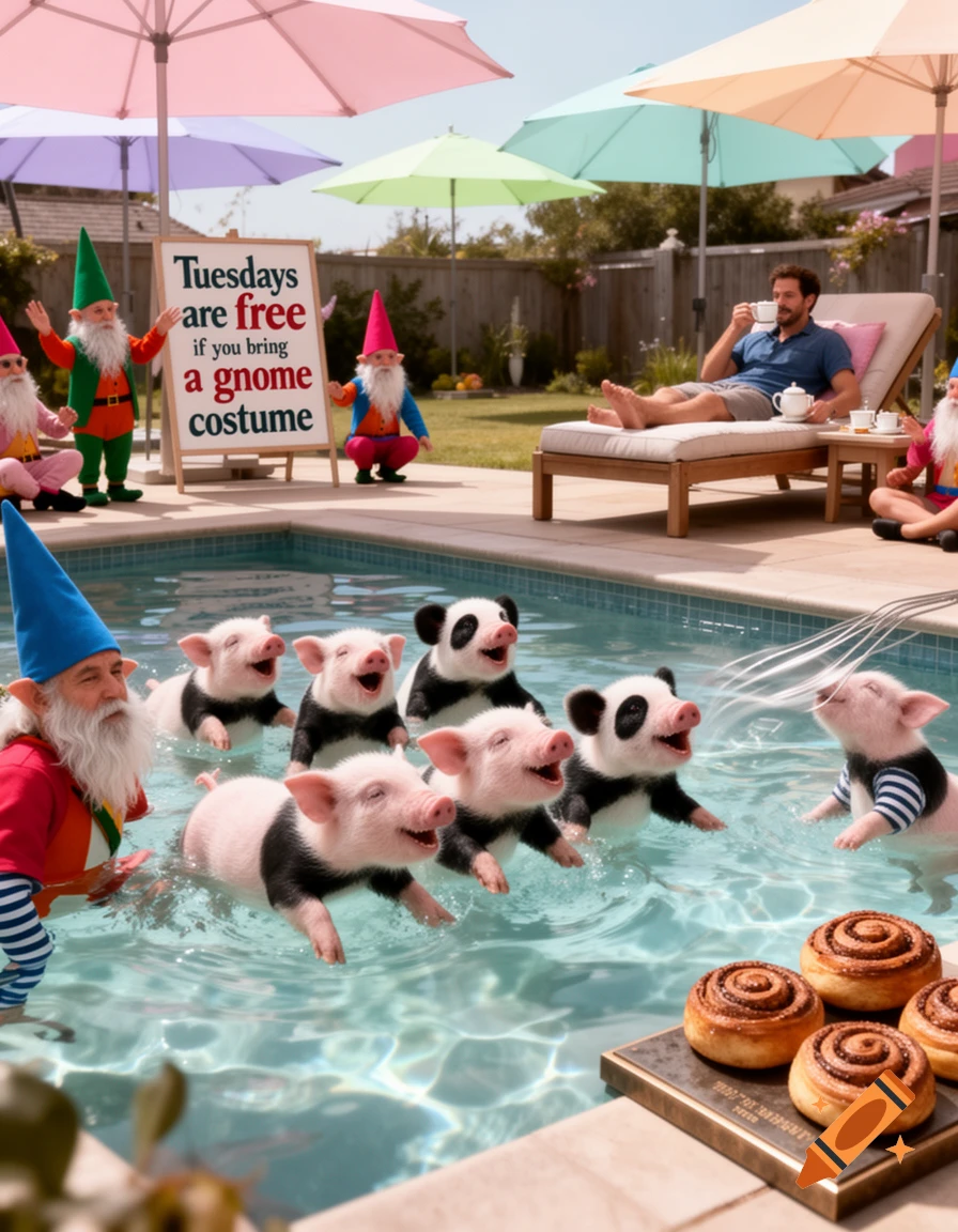 A man relaxes by a pool while gnomes and piglets with panda markings ...