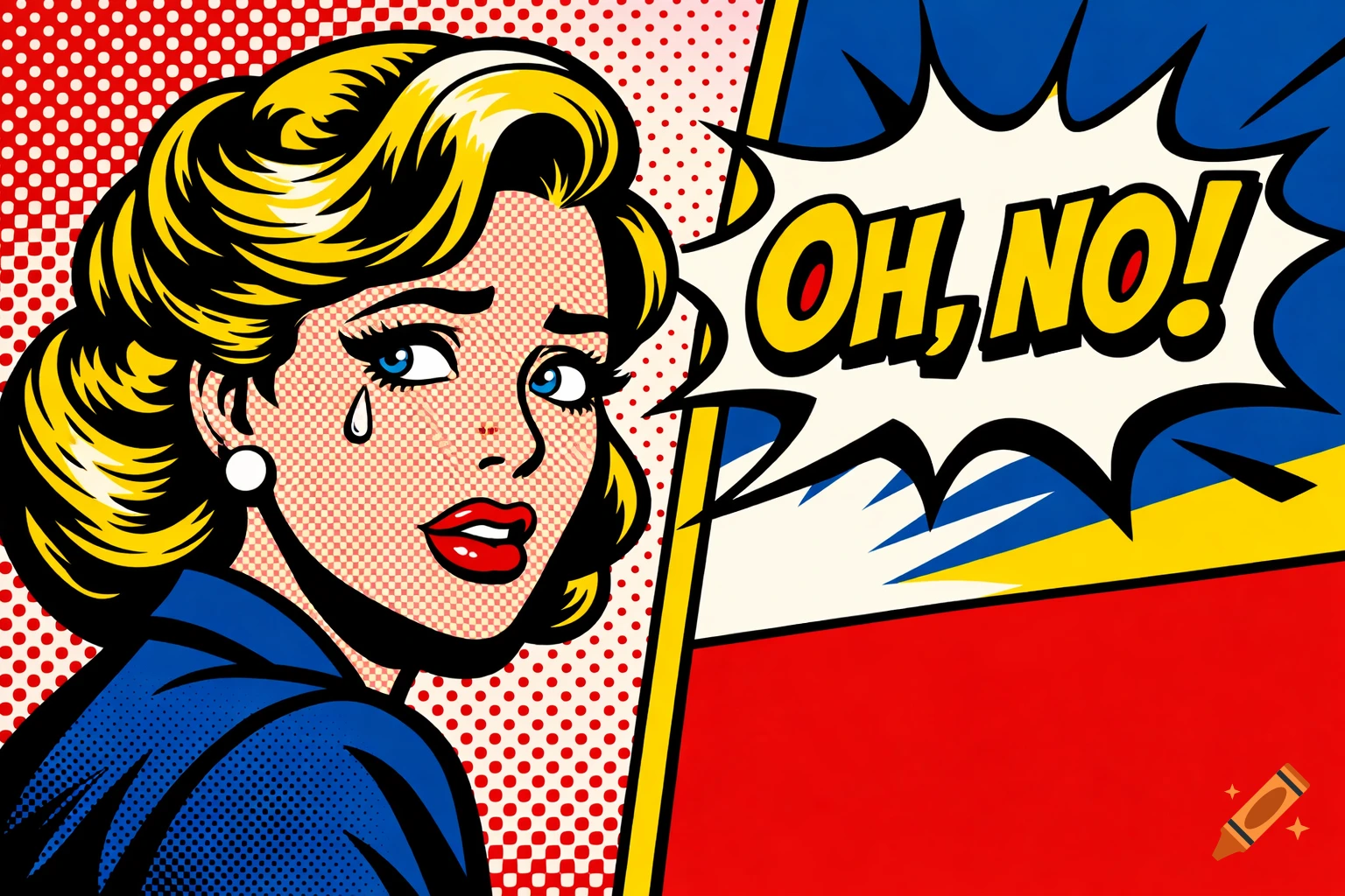 Pop art illustration of a crying woman in a blue shirt with a speech ...