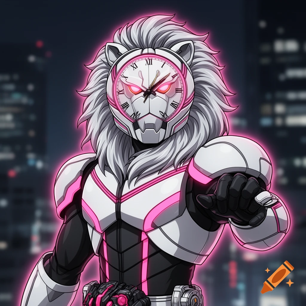 An anime-style character in white and black armor with hot pink accents ...