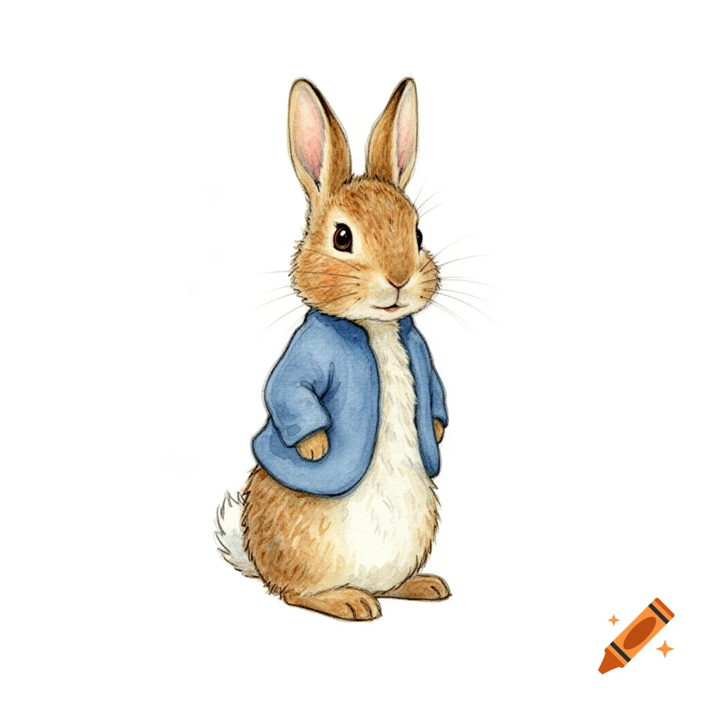 A watercolor illustration of Peter Rabbit, a brown rabbit in a blue ...