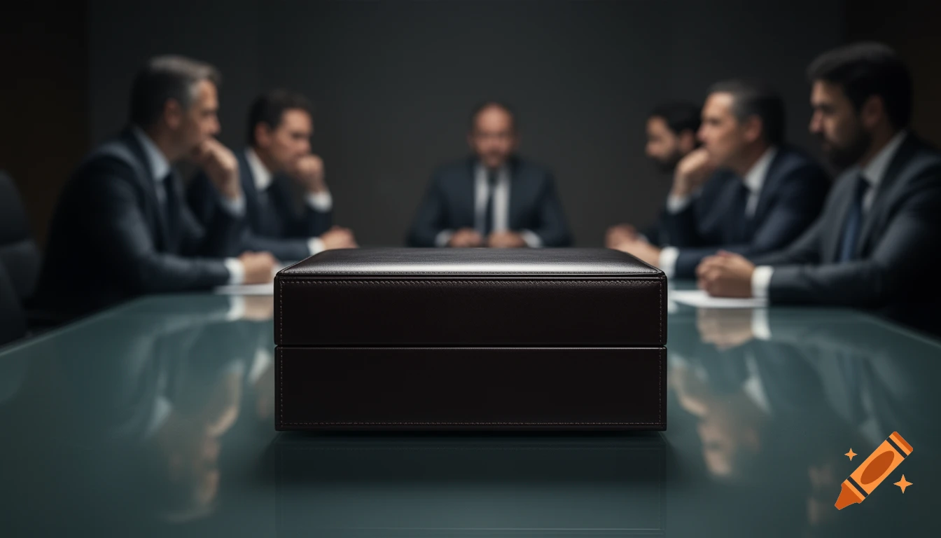 A luxurious dark leather box on a glass conference table, with blurred ...