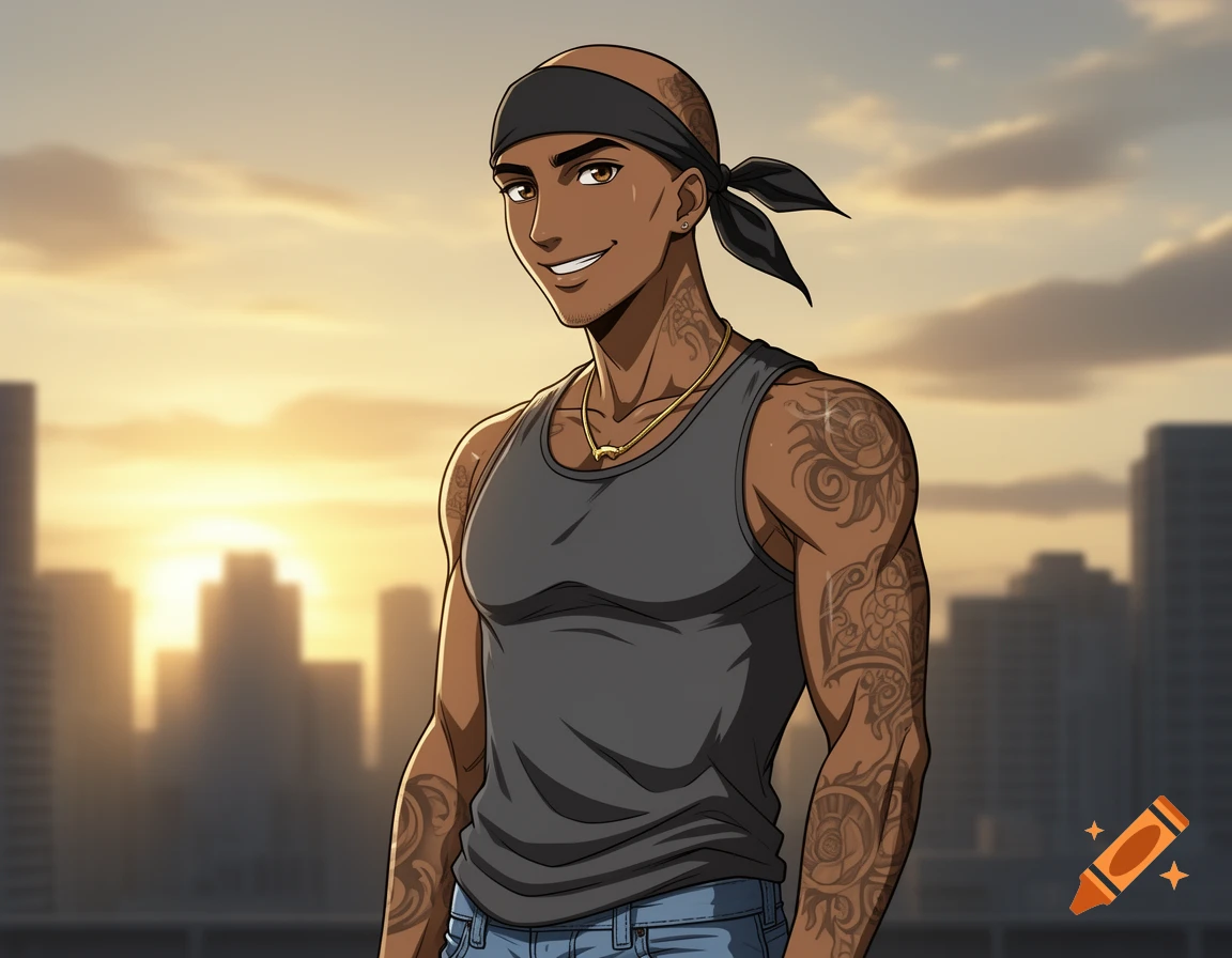 Smiling animated man with a black durag, tank top, gold chain, and ...