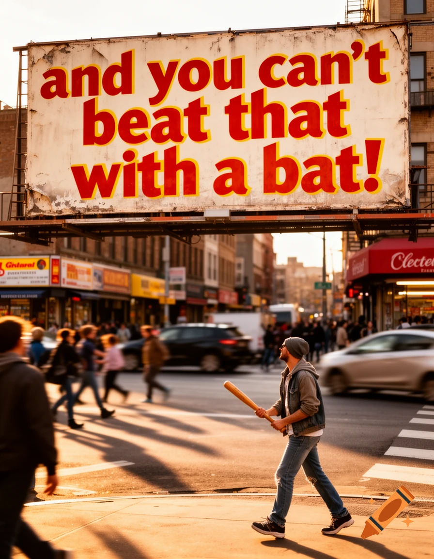A man in a denim jacket and beanie holds a baseball bat while crossing ...