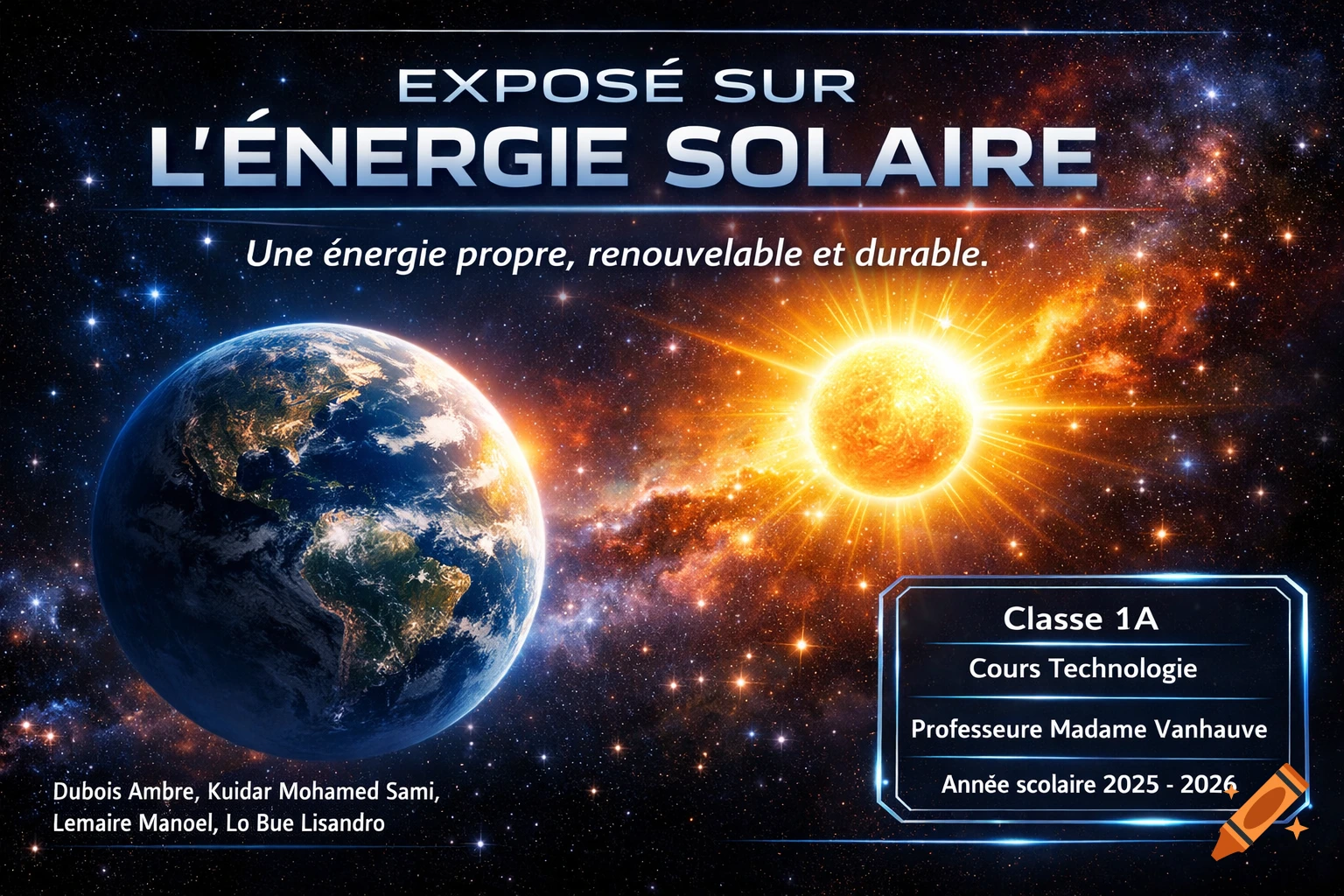 A cosmic school poster with Earth and the Sun in space, featuring text ...