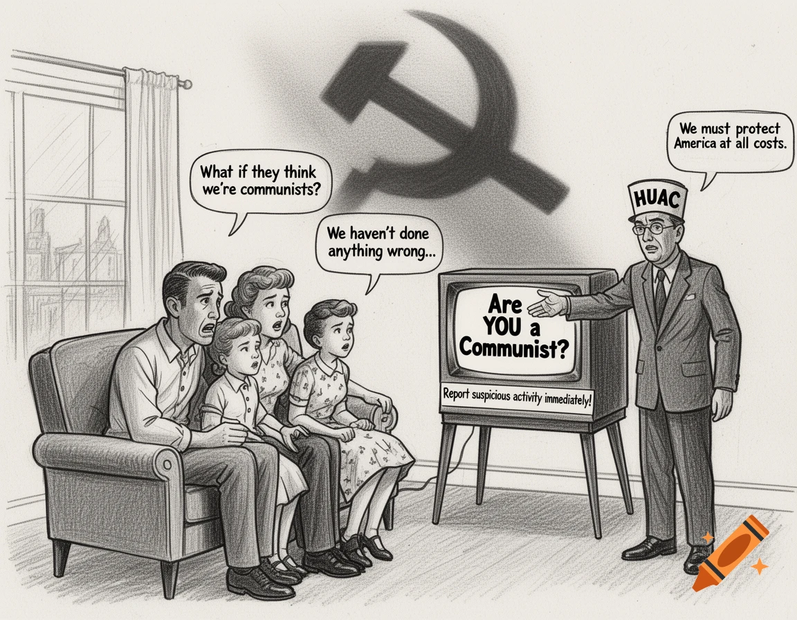 A hand-drawn political cartoon shows a 1950s family fearfully watching ...