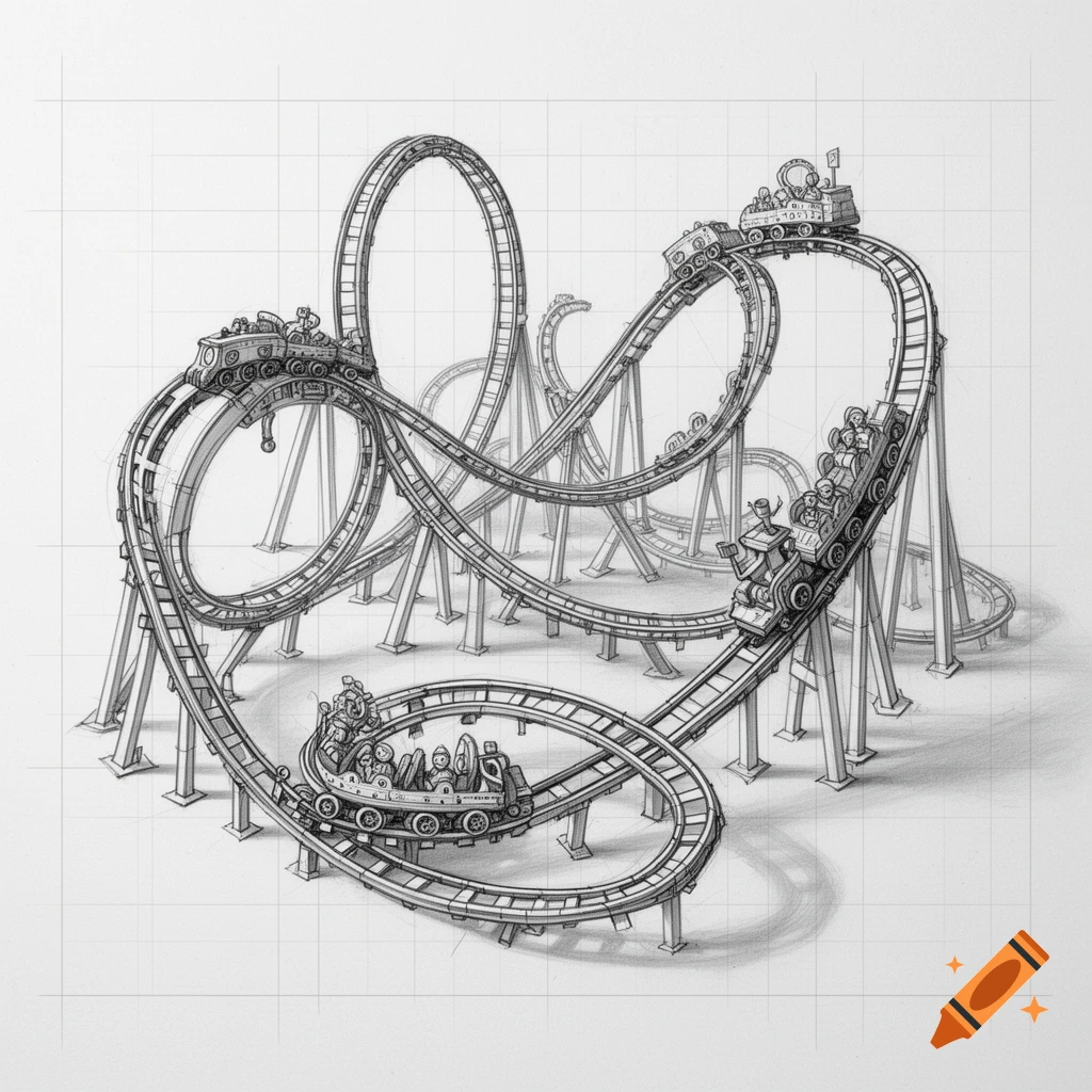 Detailed pencil drawing of an elaborate roller coaster design with ...