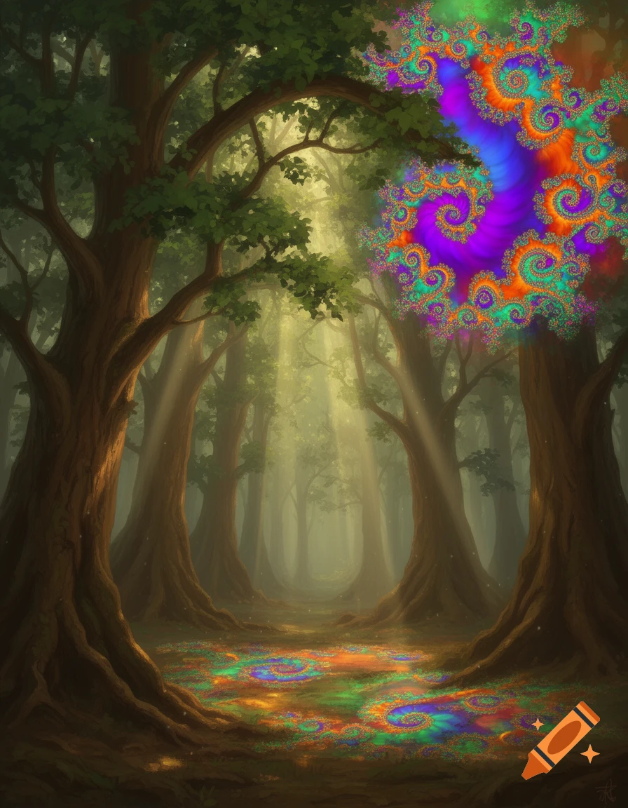 Sunbeams illuminate a magical forest path with colorful fractal ...