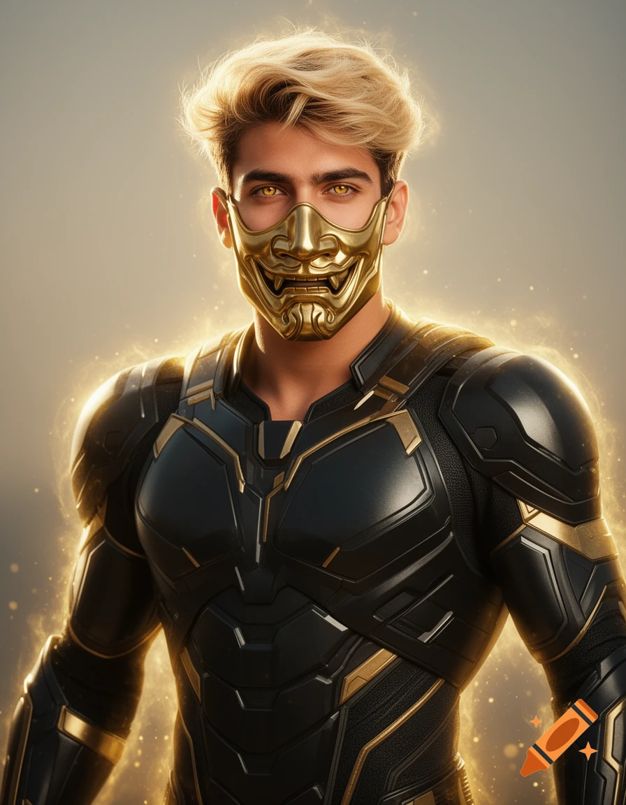 Handsome blond-haired man with golden eyes and a gold oni mask, wearing ...