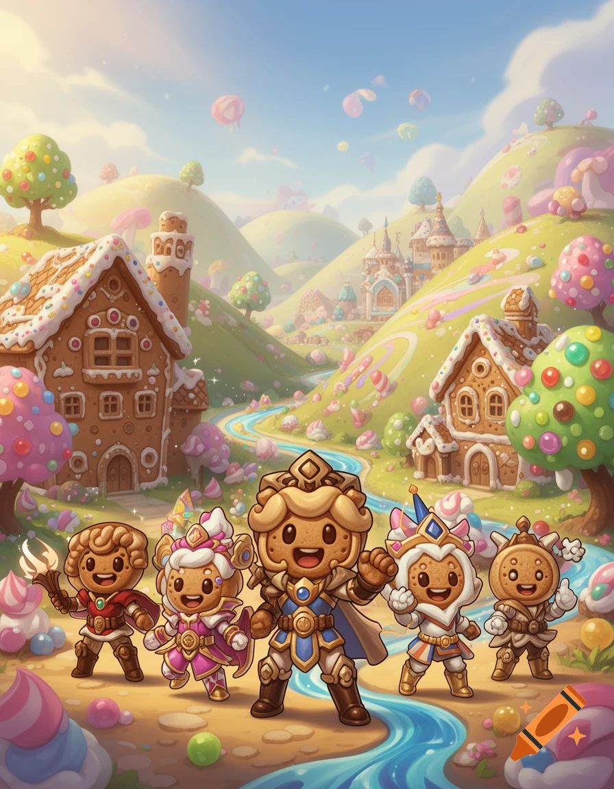 Five anthropomorphic cookie characters in armored outfits stand in a ...