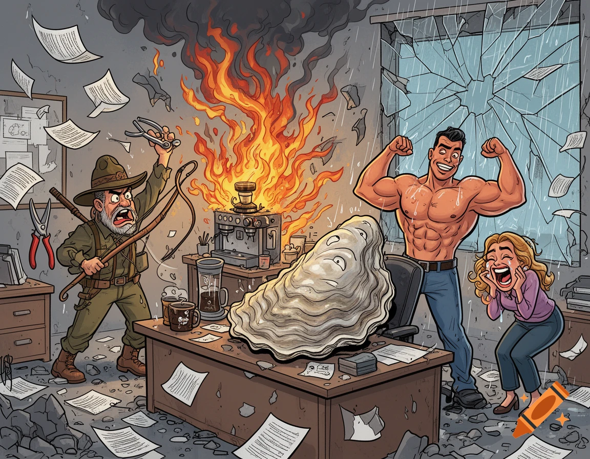 Detailed cartoon of a chaotic office with a hunter, shirtless ...