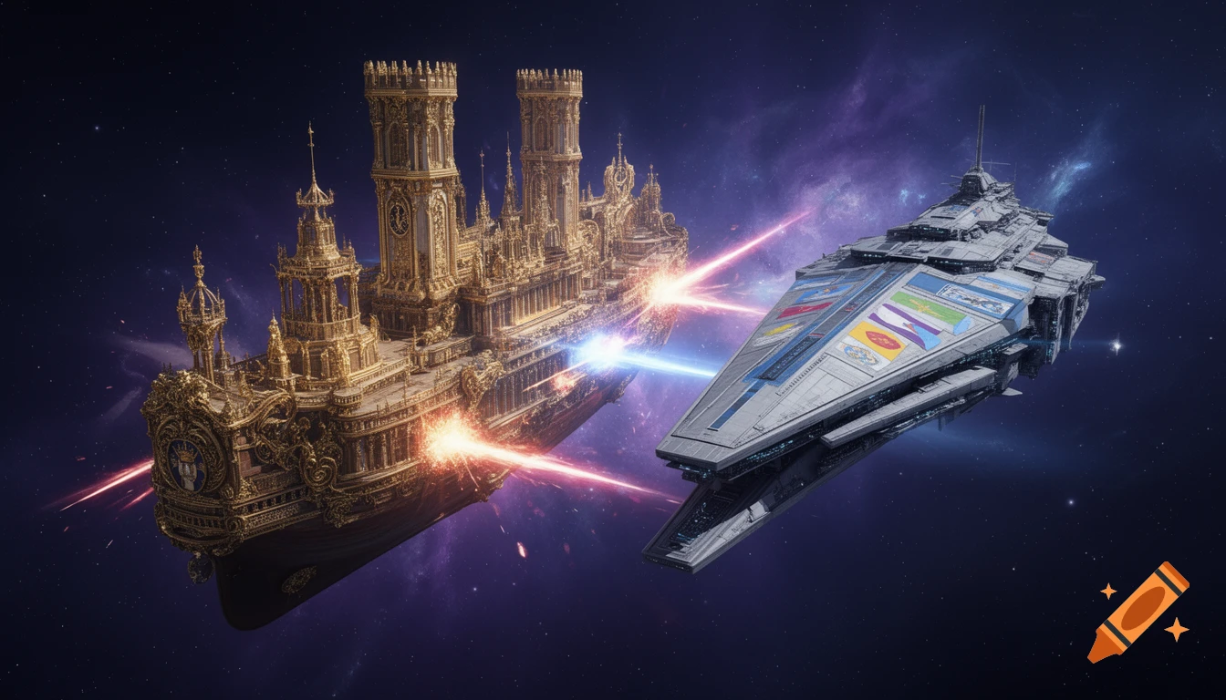 A golden, ornate monarchist spaceship battles a sleek, grey republican ...