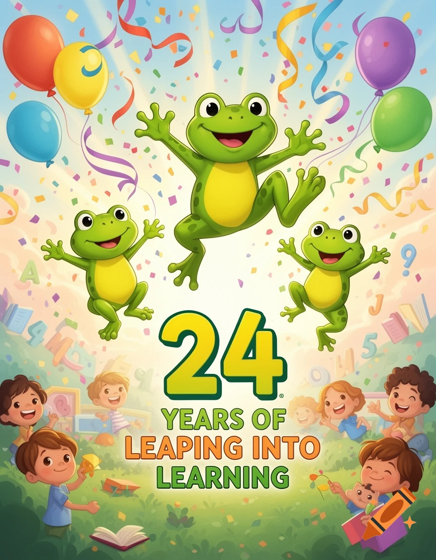 Cartoon illustration of three happy green frogs leaping with children ...
