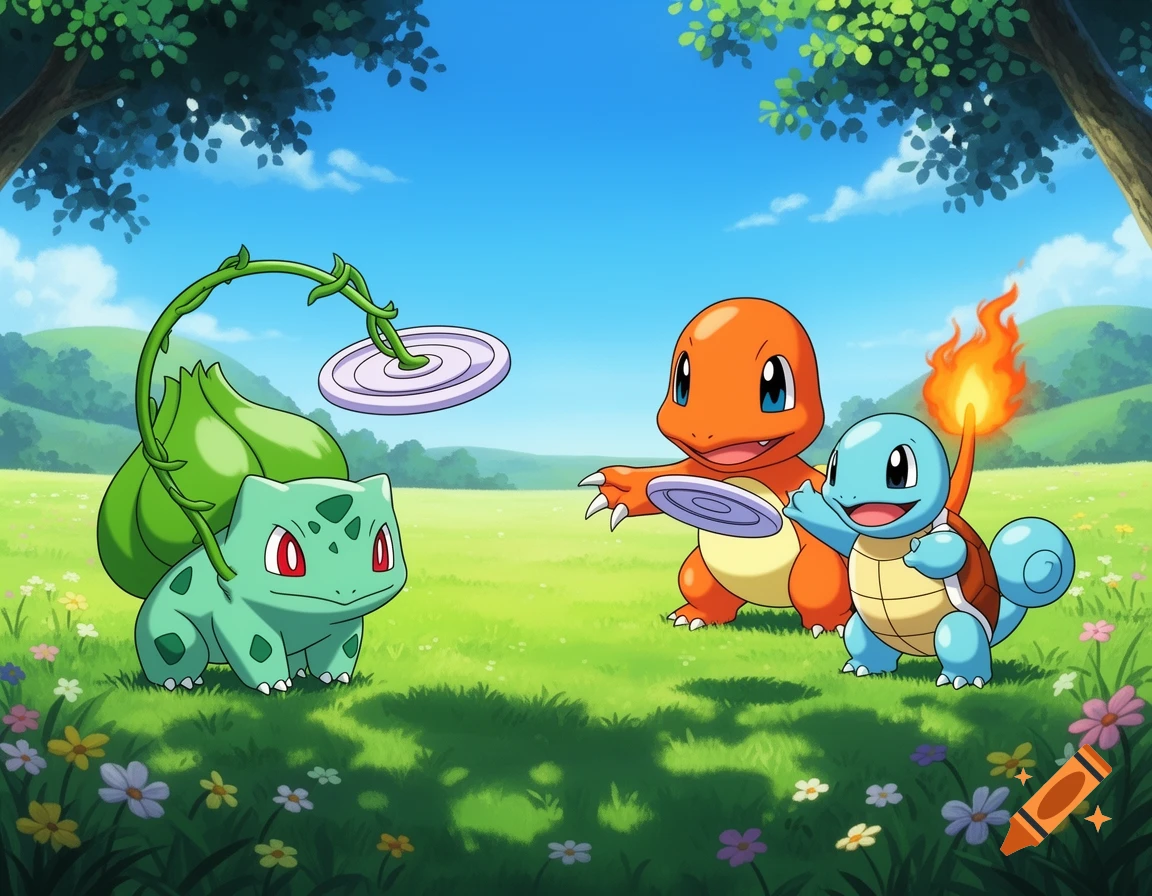 Bulbasaur, Charmander, and Squirtle play disc golf in a sunny green ...