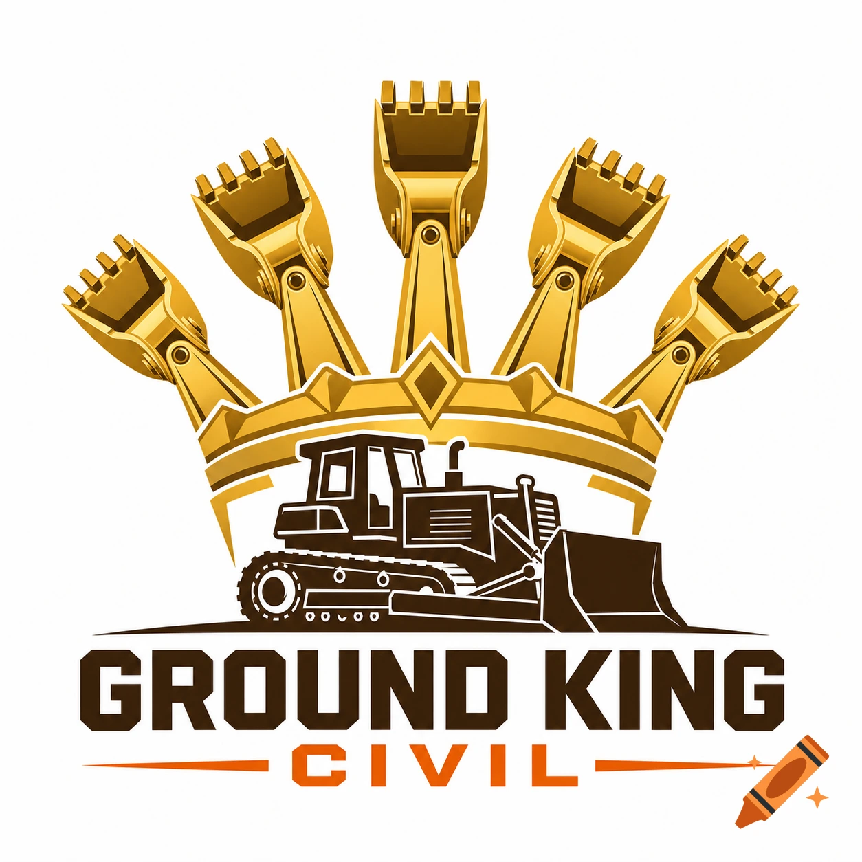 Vector logo featuring a crown made of golden excavator buckets, a brown ...