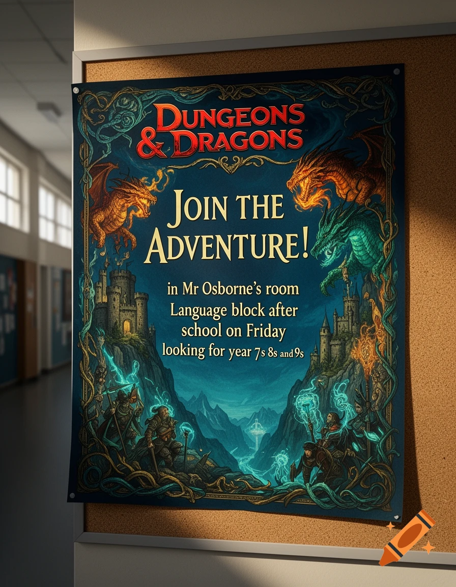 A Dungeons & Dragons poster with dragons, castles, and adventurers ...