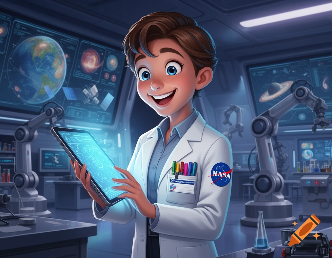 A smiling animated scientist in a lab coat holds a glowing tablet ...