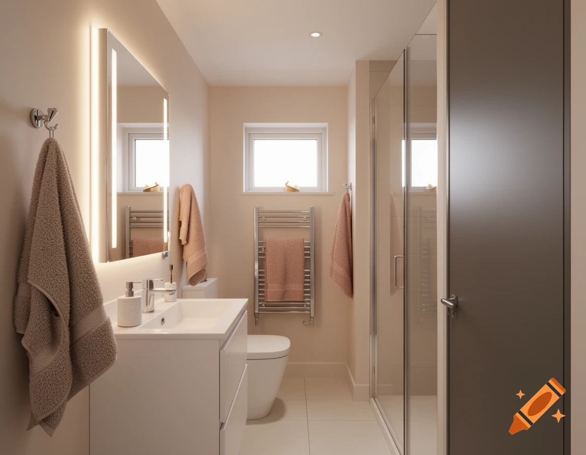 A modern, minimalist bathroom with a white vanity, lighted mirror, toilet, heated towel rack ...