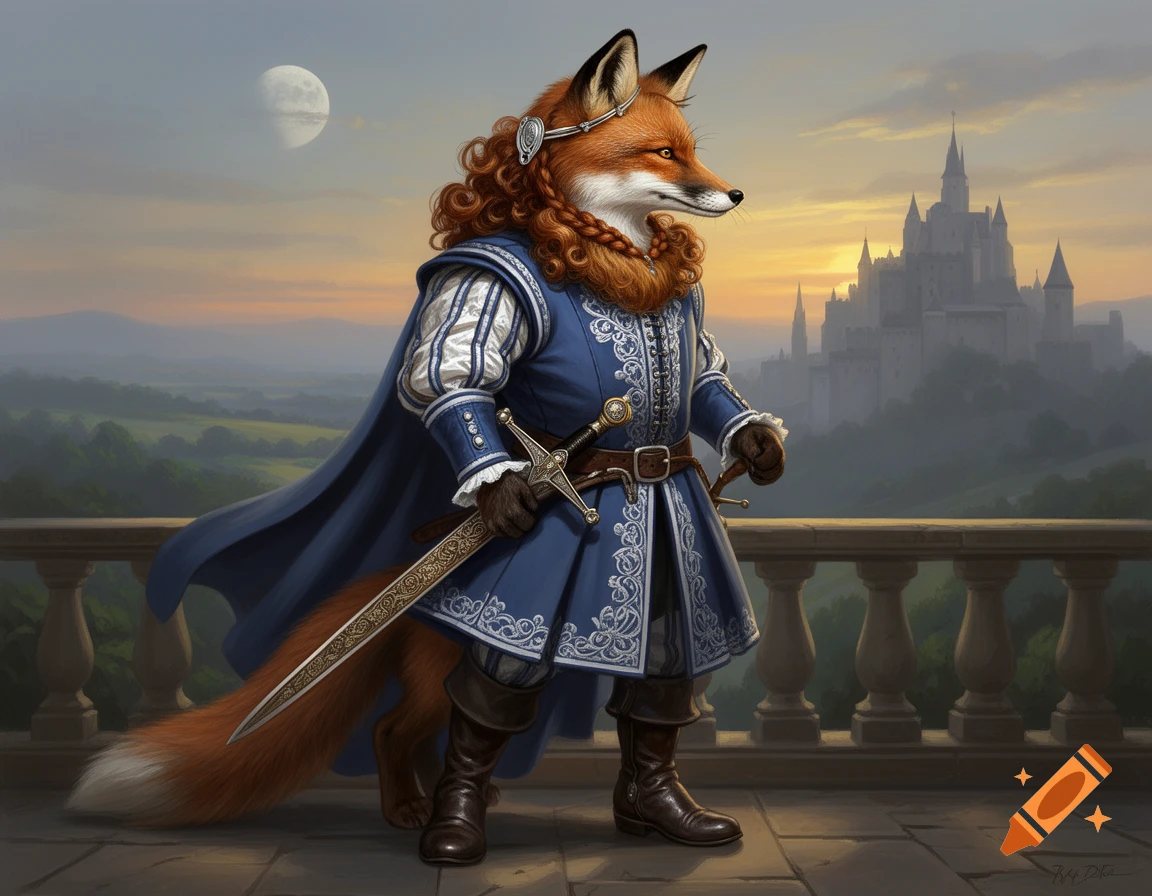 Regal anthro red fox in blue noble attire with a sword on a balcony. A ...