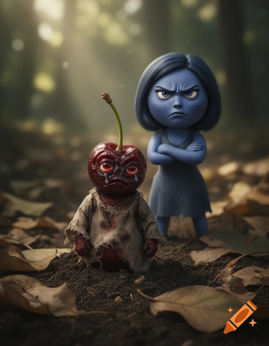A crying rotten cherry in torn clothes stands in dirt with an angry ...