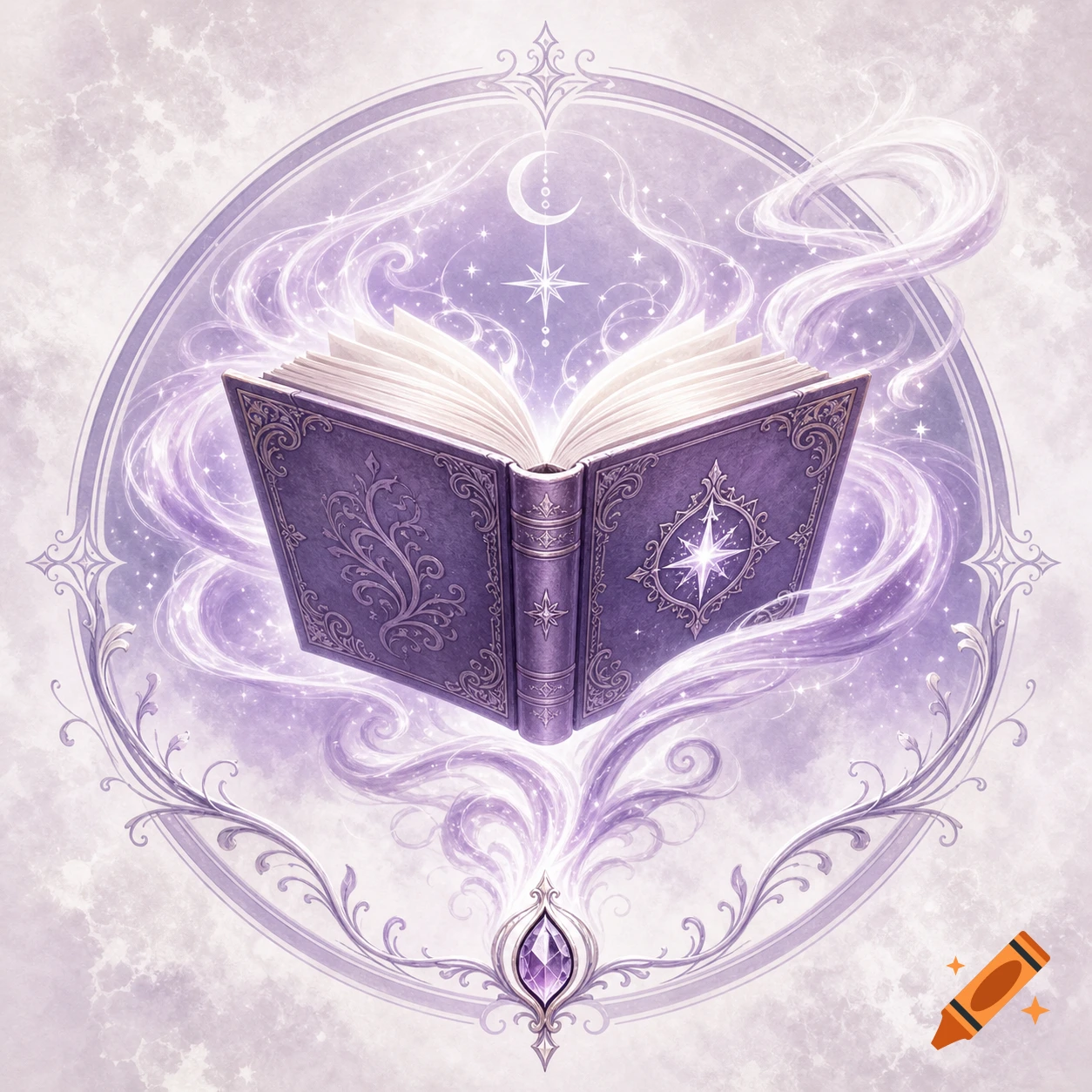 A magical, open purple book emitting sparkling light and wisps, set in ...